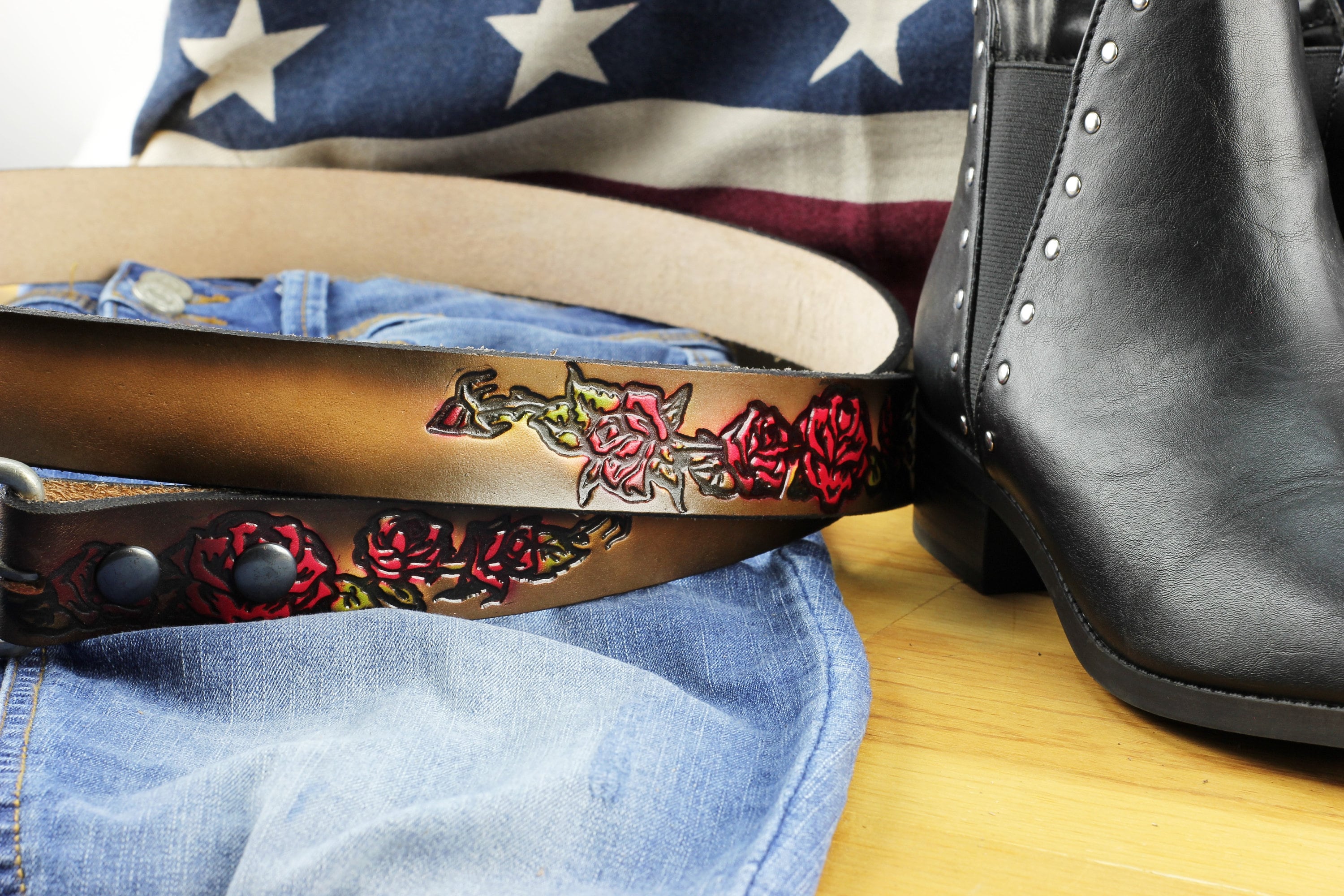 Hand Tooled Red Rose Belt Brown Leather Cut to Size Belt - Etsy