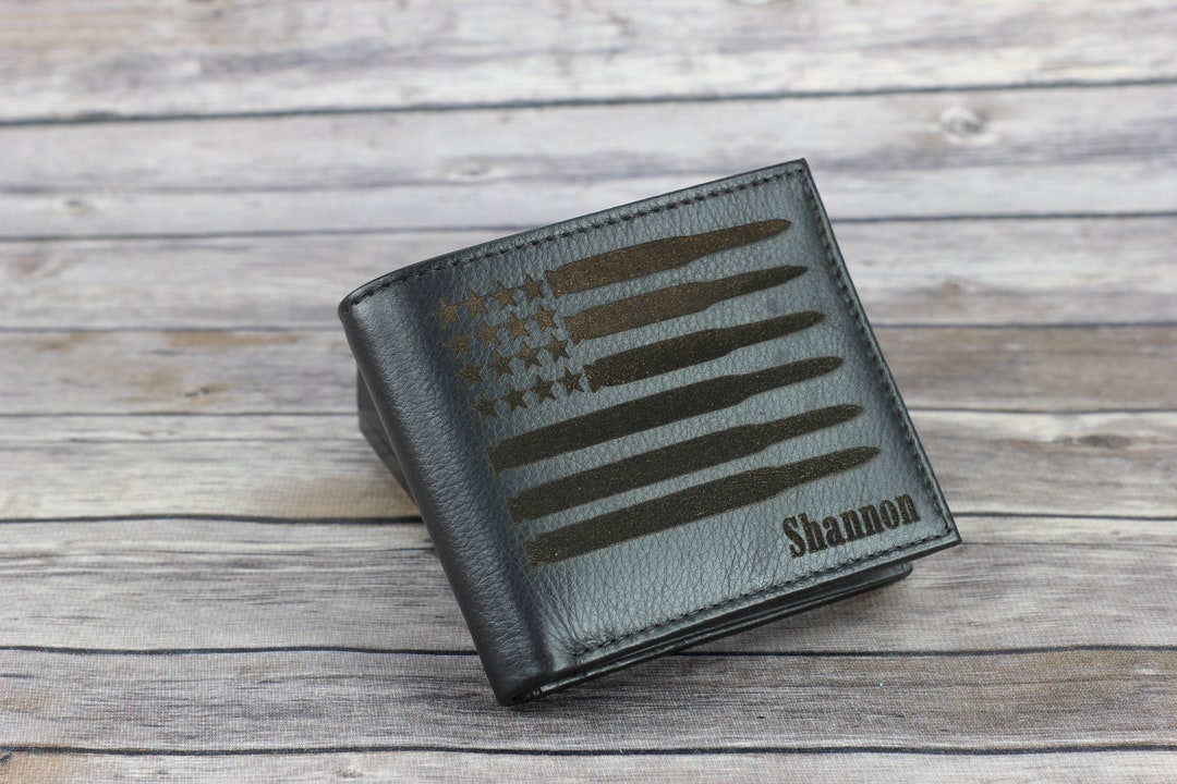 Men's American Flag Leather Wallet, Bullet Flag Wallet, Engraved ...