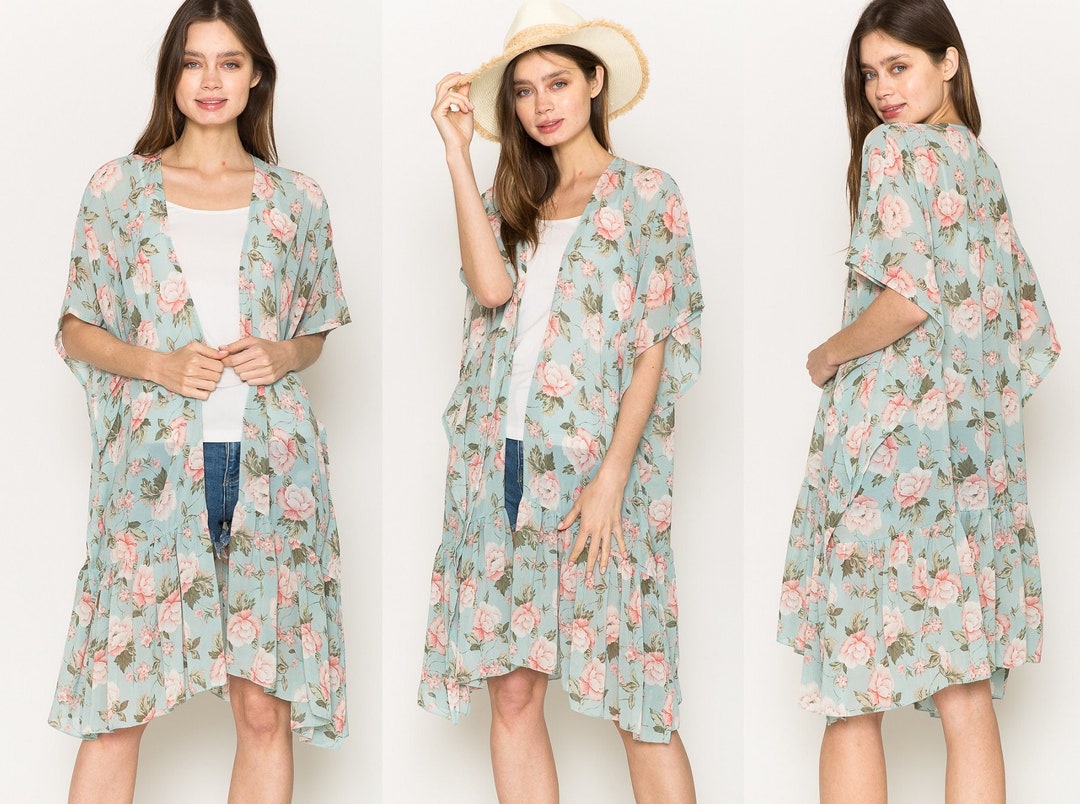 Mint Floral Duster With Ruffle Detail, Sheer Coverup, Open Front Top ...