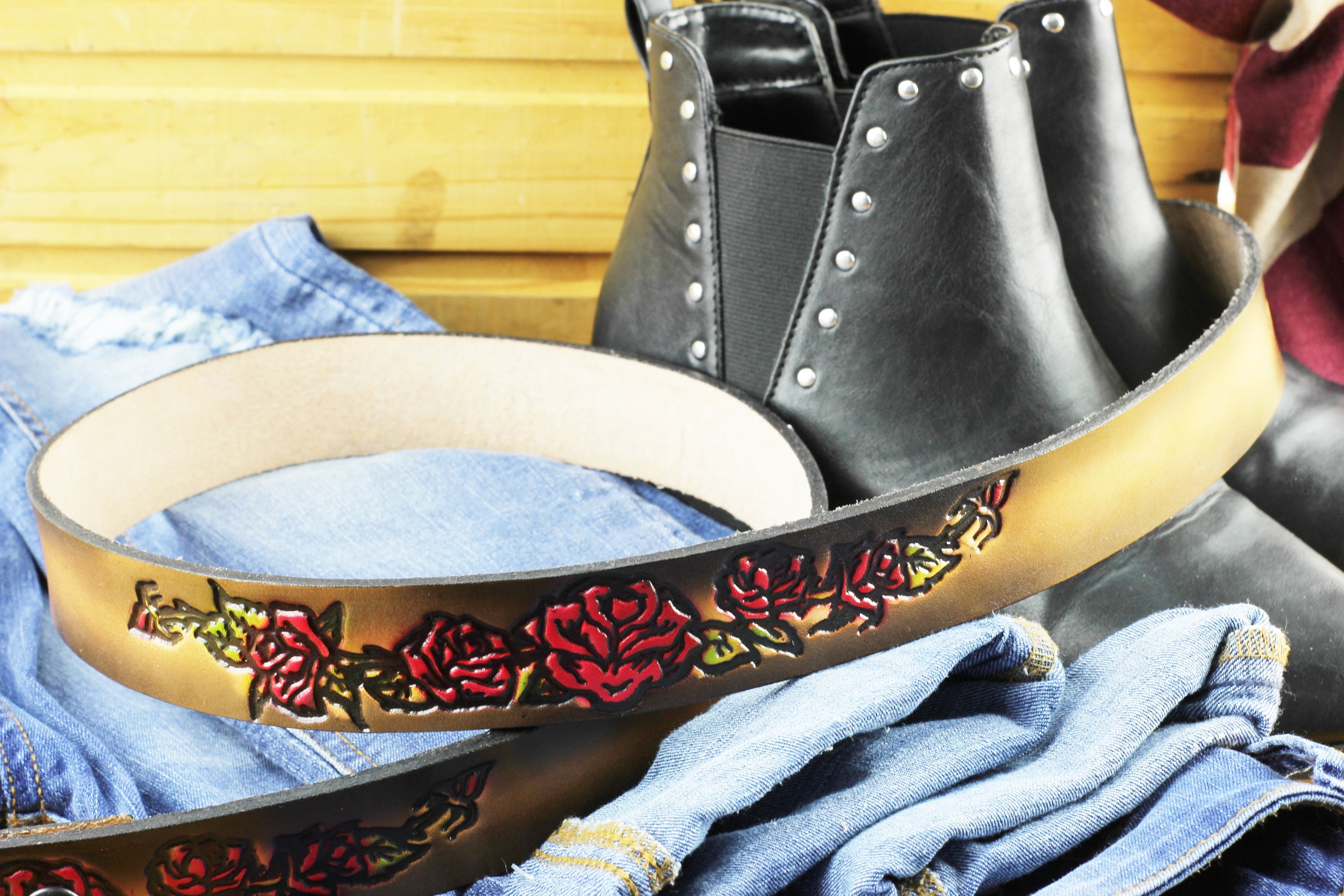 Hand Tooled Red Rose Belt Brown Leather Cut to Size Belt - Etsy