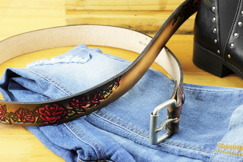 Hand Tooled Red Rose Belt Brown Leather Cut to Size Belt - Etsy