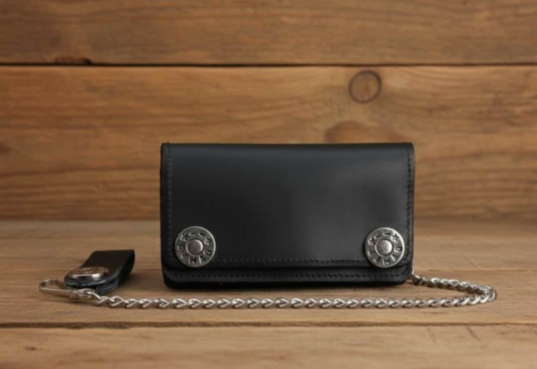 Black Leather Bifold Wallet With Chain: .44 Magnum Studded - Etsy
