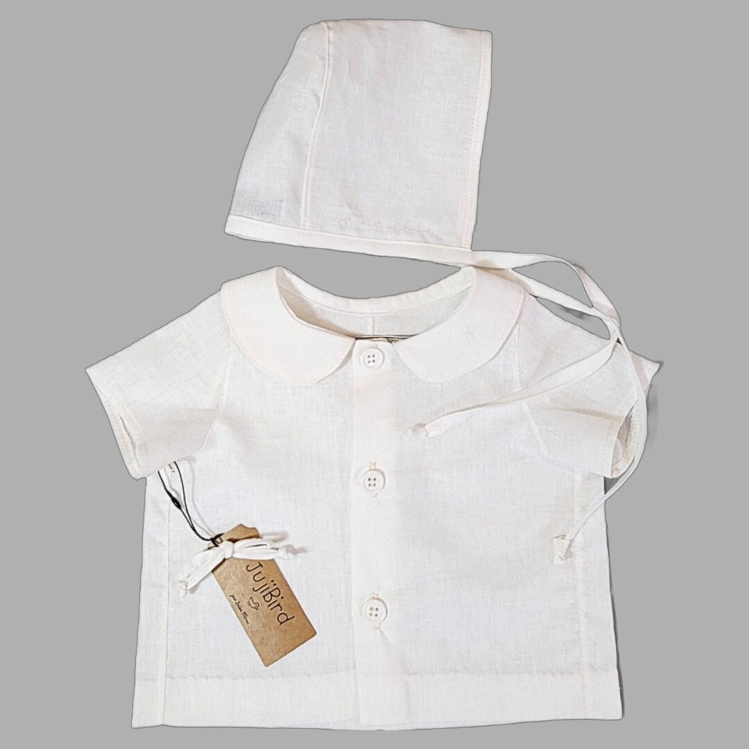 White Linen Shirt and Bonnet for Baby Boy, Newborn Ceremony Dress ...