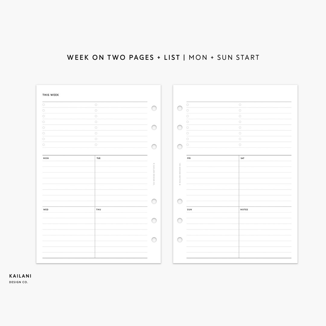 Personal Wide Undated Weekly Planner Inserts, Week on Two Pages, WO2P ...