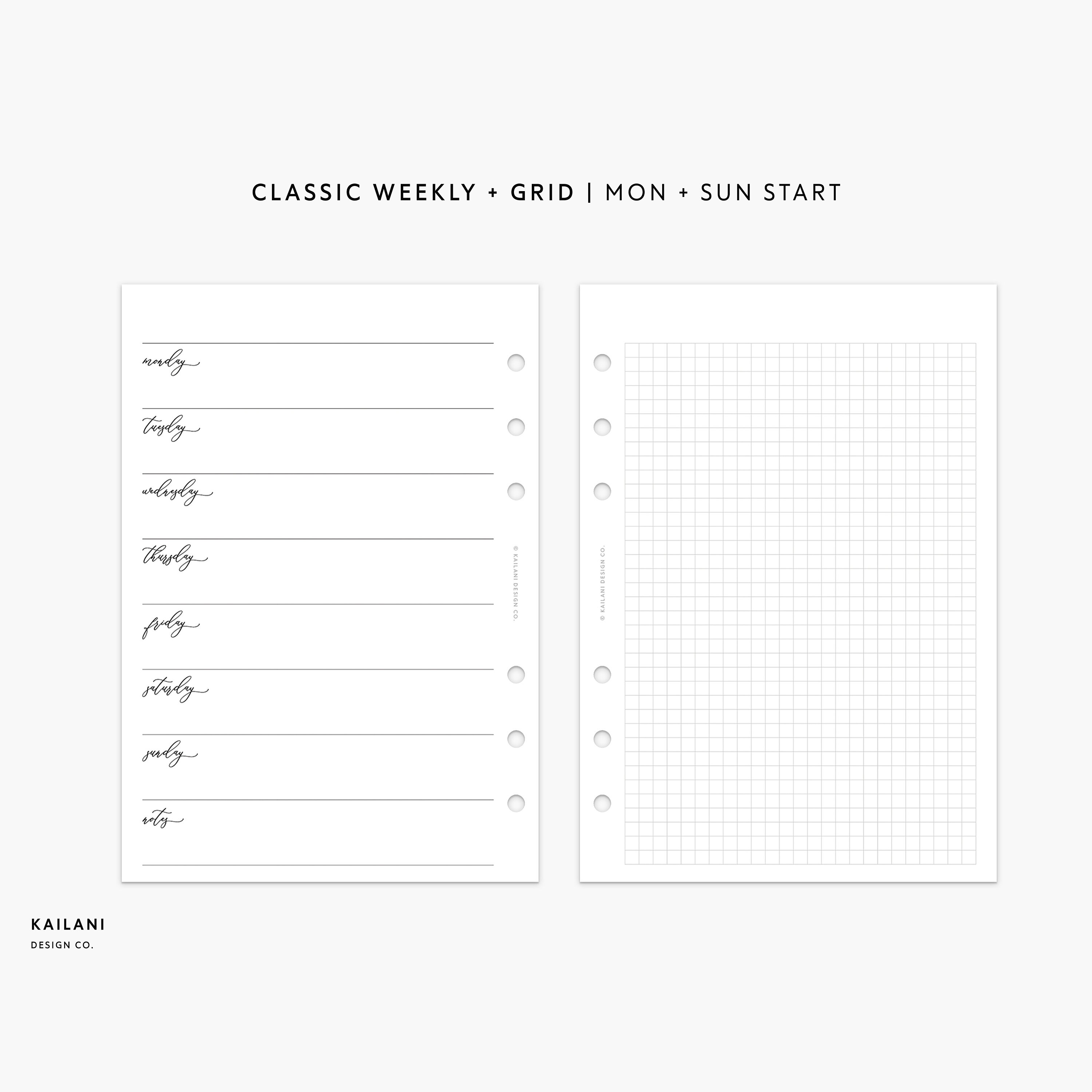 Personal Wide Undated Weekly Planner Inserts, Week on One Page, Week on ...