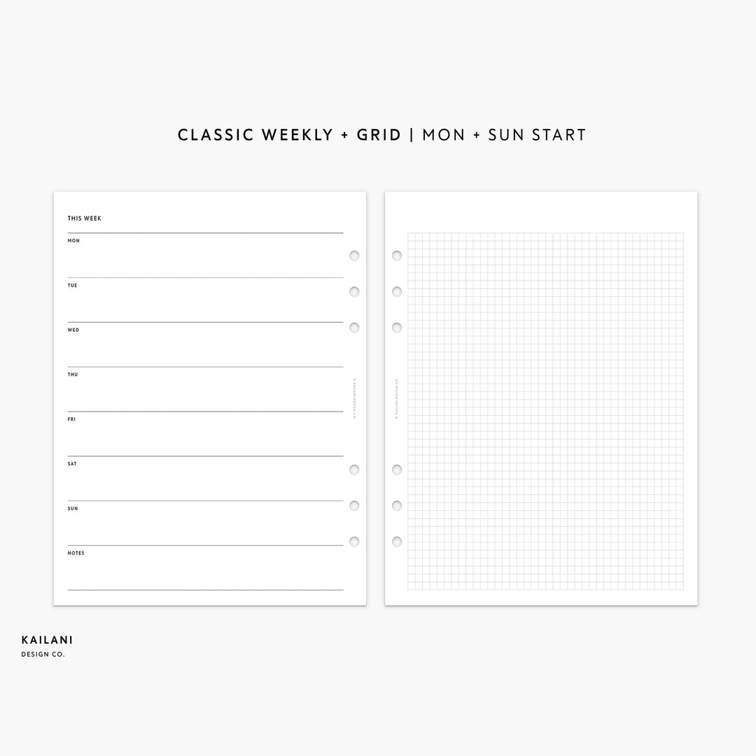 A5 Wide Undated Weekly Planner Inserts, Week on One Page, WO1P, WO2P ...