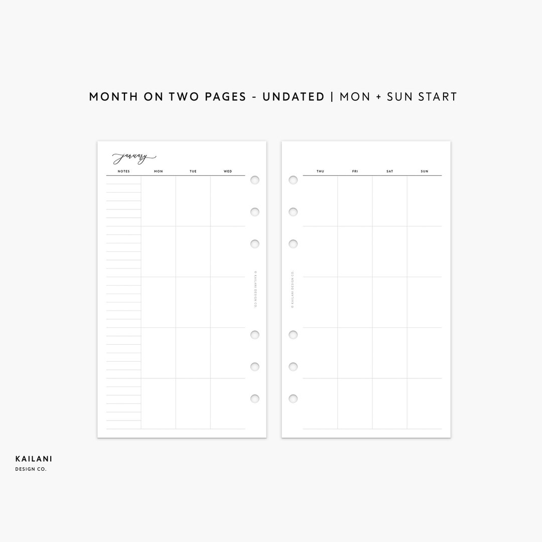 Personal Monthly Planner Inserts, Personal Month on Two Pages, Personal ...