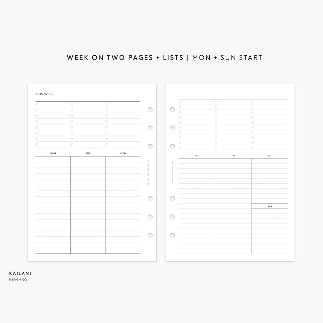B6 Rings Undated Weekly Planner Inserts, Week on Two Pages, WO2P ...