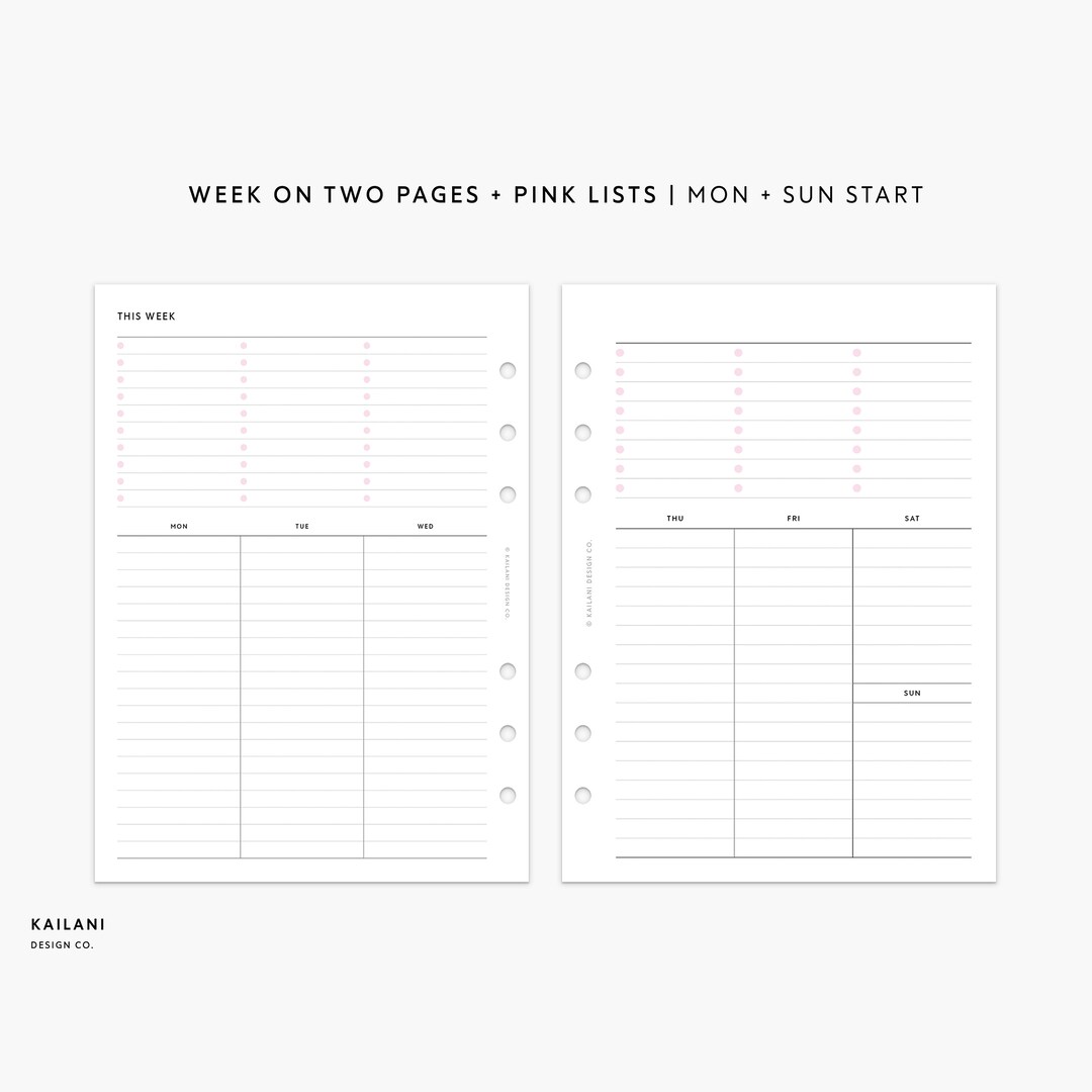 B6 Rings Undated Weekly Planner Inserts, Week on Two Pages, WO2P, Printable Weekly Planner ...