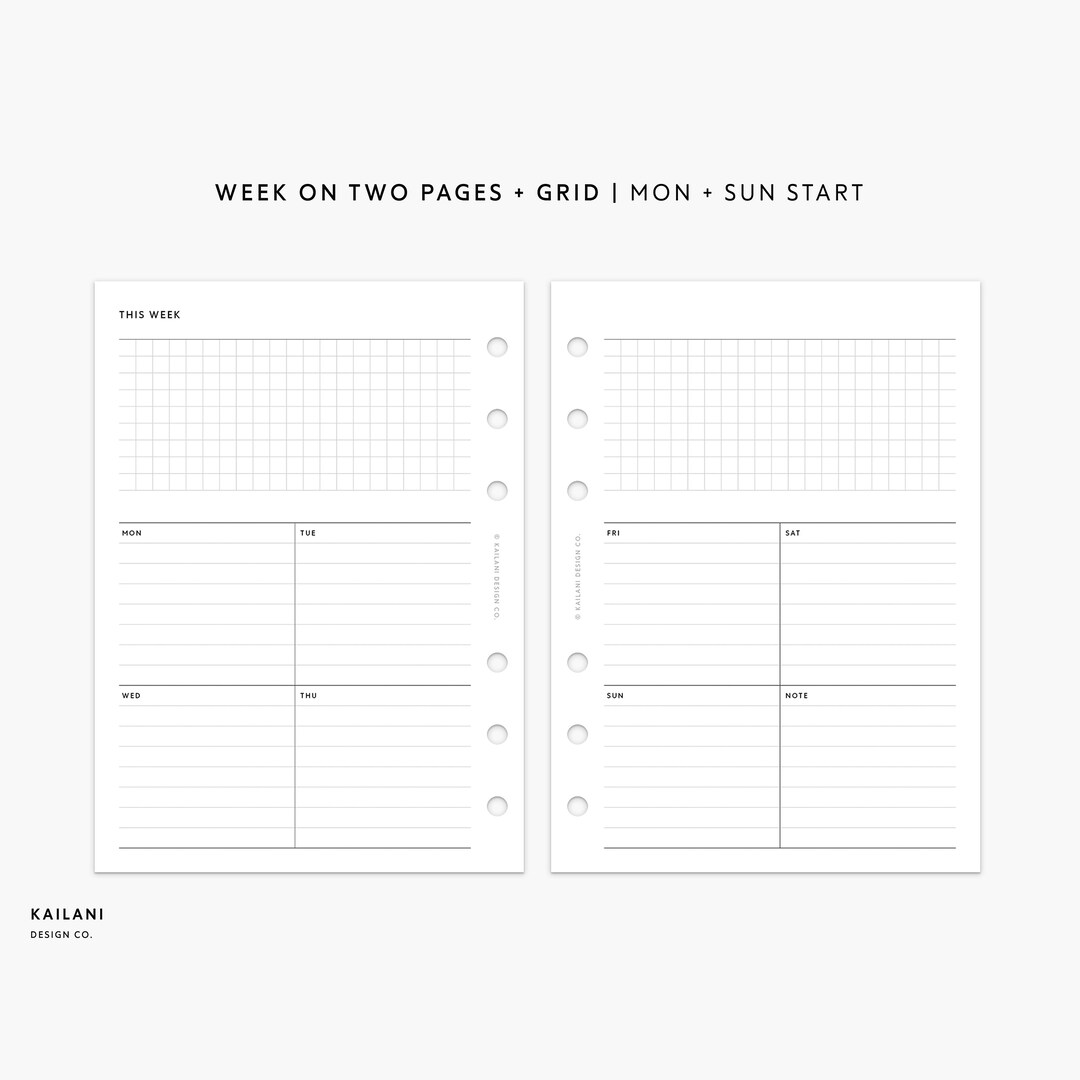 Undated Weekly Planner A6 Inserts, Week on Two Pages, WO2P, A6 Vertical ...