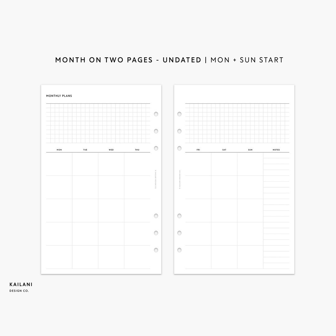 Half Letter Undated Monthly Planner Insert, Month on Two Pages (PDF ...