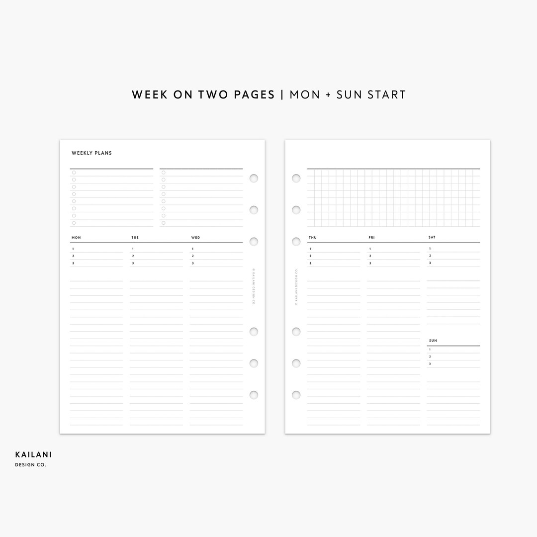 Personal Wide Undated Weekly Planner Inserts, Week on Two Pages, WO2P ...