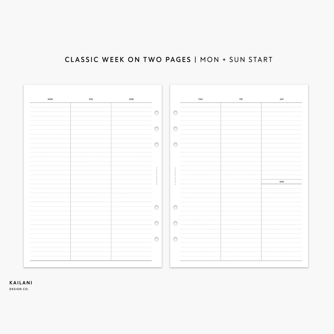 A5 Wide Undated Weekly Planner Inserts, Week on Two Pages, WO2P ...