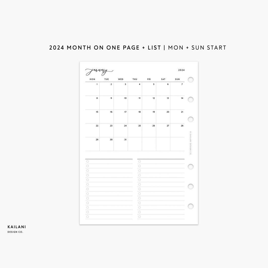 2024 Dated Monthly Planner, A6 Insert Printable, Month on One Page, Printable Minimalist, at A ...