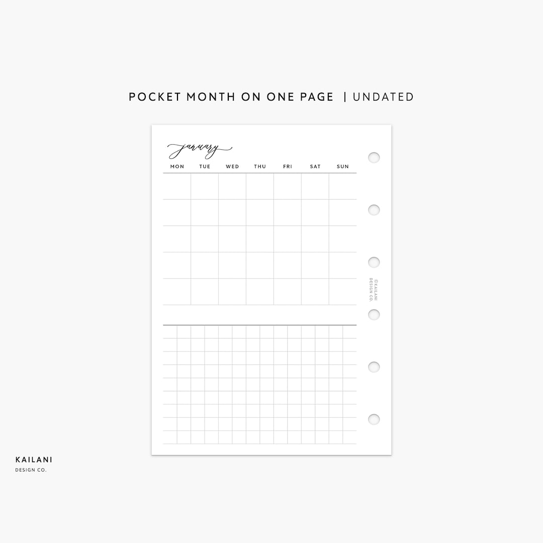 Pocket Monthly Planner Printable, UNDATED Monthly, Month on One Page ...