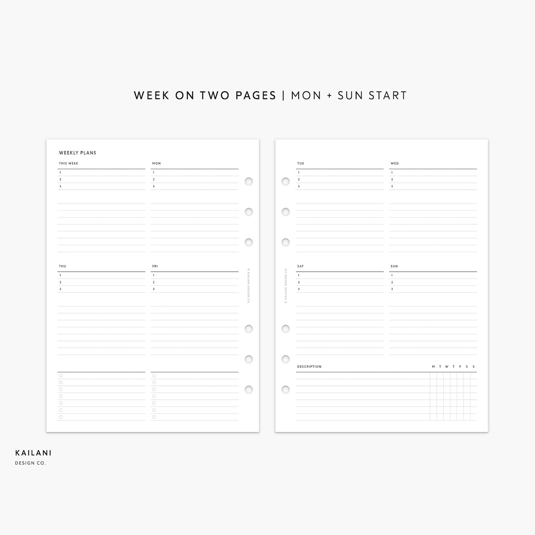 B6 Rings Undated Weekly Planner Inserts, Week on Two Pages, WO2P ...