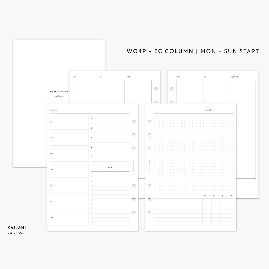 B6 Rings Weekly Planner Inserts, WO4P, Erin Condren Inserts, Week on 4 ...
