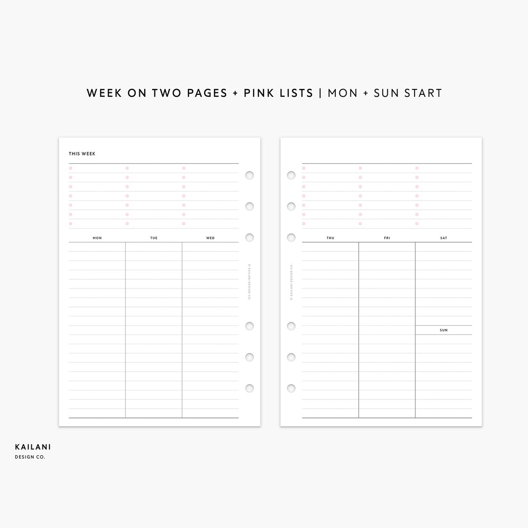 Personal Wide Undated Weekly Planner Inserts, Week on Two Pages, WO2P ...