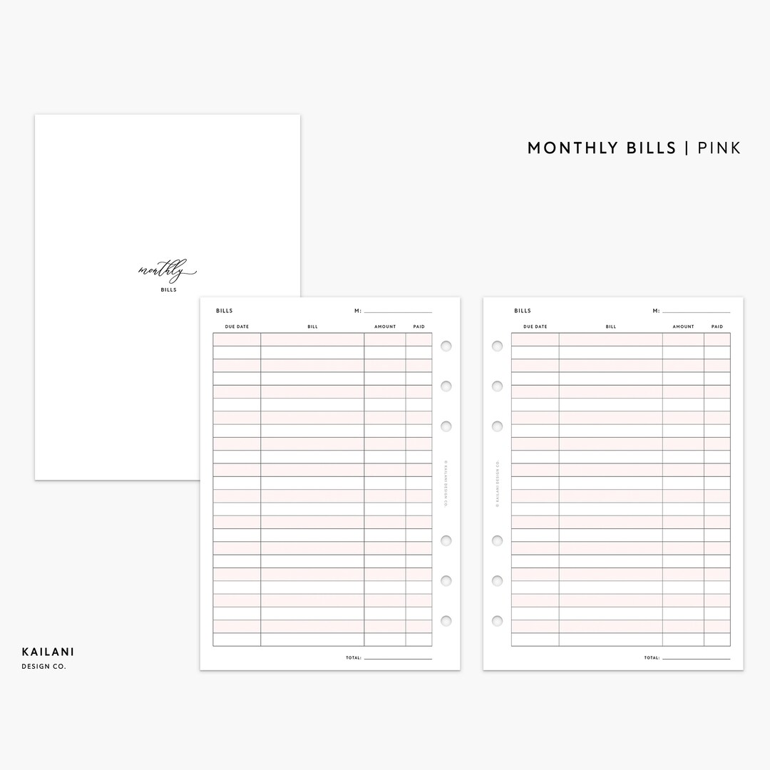 Personal Wide Monthly Bills Tracker Inserts (PDF) - Etsy