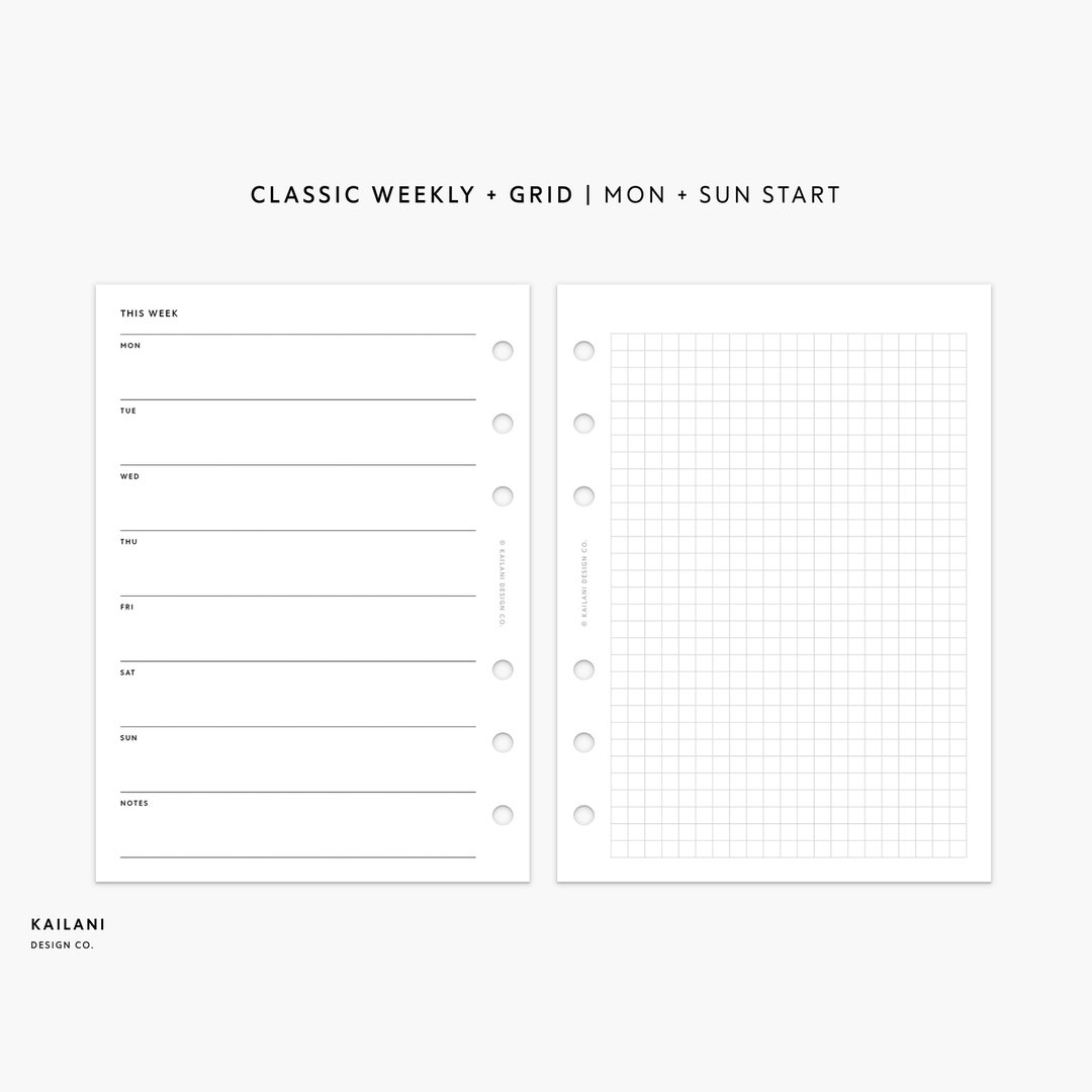 Undated Weekly Planner A6 Inserts, Week on One Page, WO1P, WO2P, A6 ...