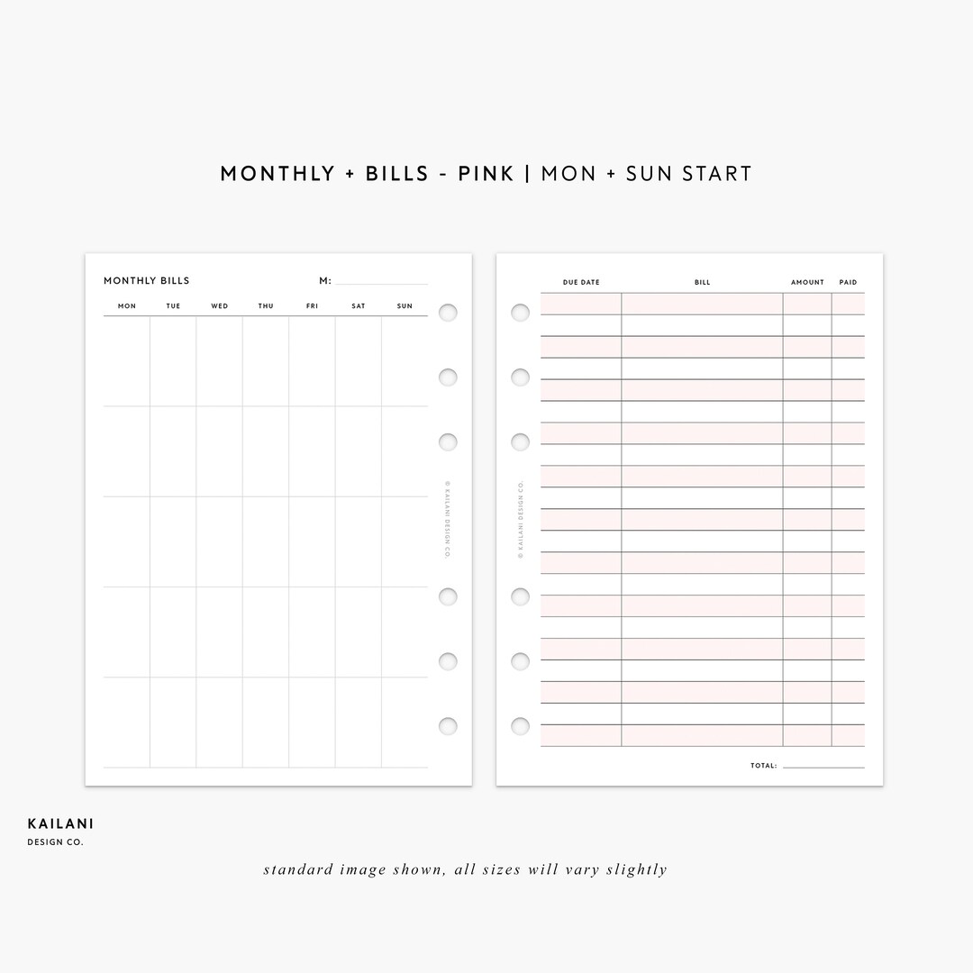 Personal Wide Monthly Bills Tracker, Pocket Monthly Expenses, Bills ...