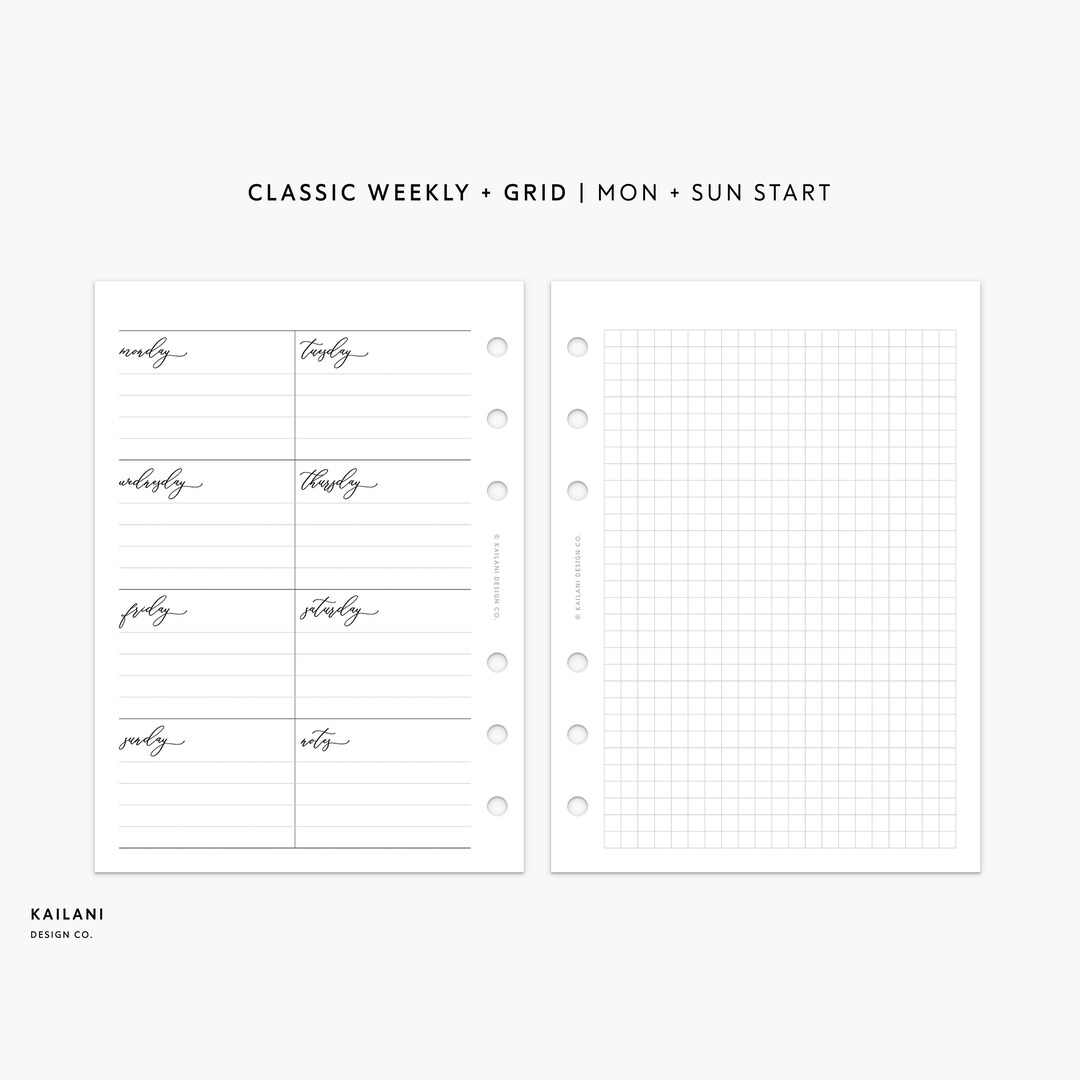 Undated Weekly Planner A6 Inserts, Week on One Page, WO1P, WO2P, A6 ...