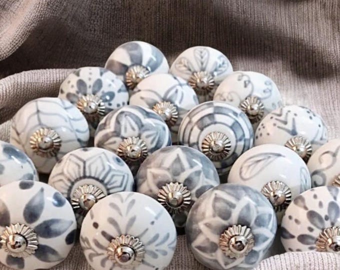 The Original Grey and White Cabinet Knobs Grey White Drawer Knobs Vintage Style Hand Painted ...