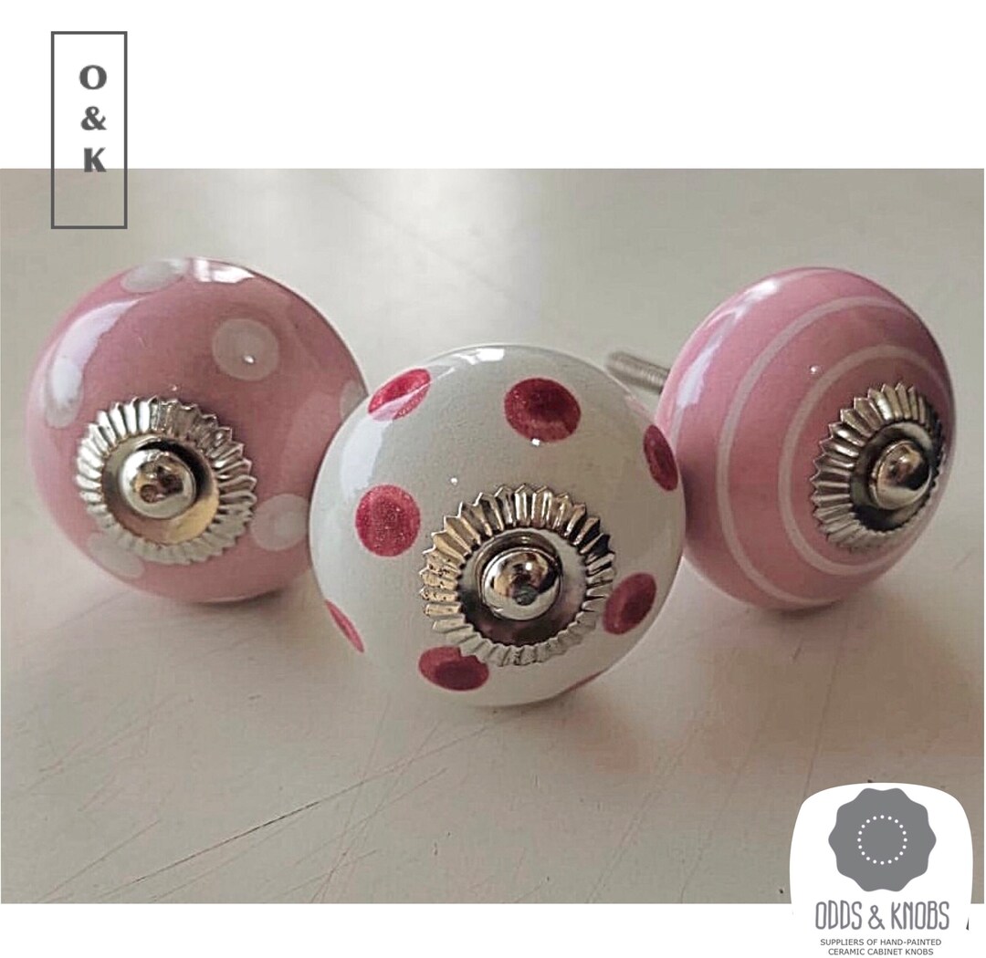 Ornate Pink and White Drawer Knob Pink Stripes Dots Ceramic Cabinet ...