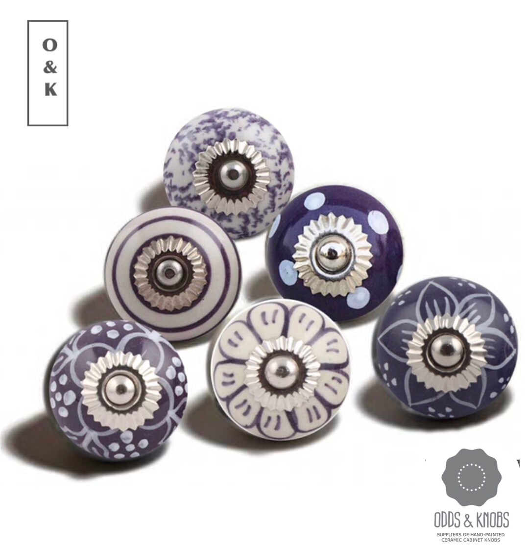 Purple Drawer Knobs Purple and White Ceramic Knob Purple Lilac Hand ...