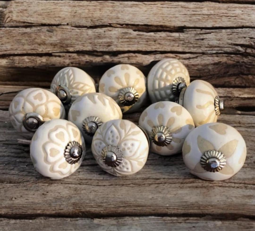 Etched Cream Beige Drawer Knob White Stone Ceramic Knob Cabinet Knob ...
