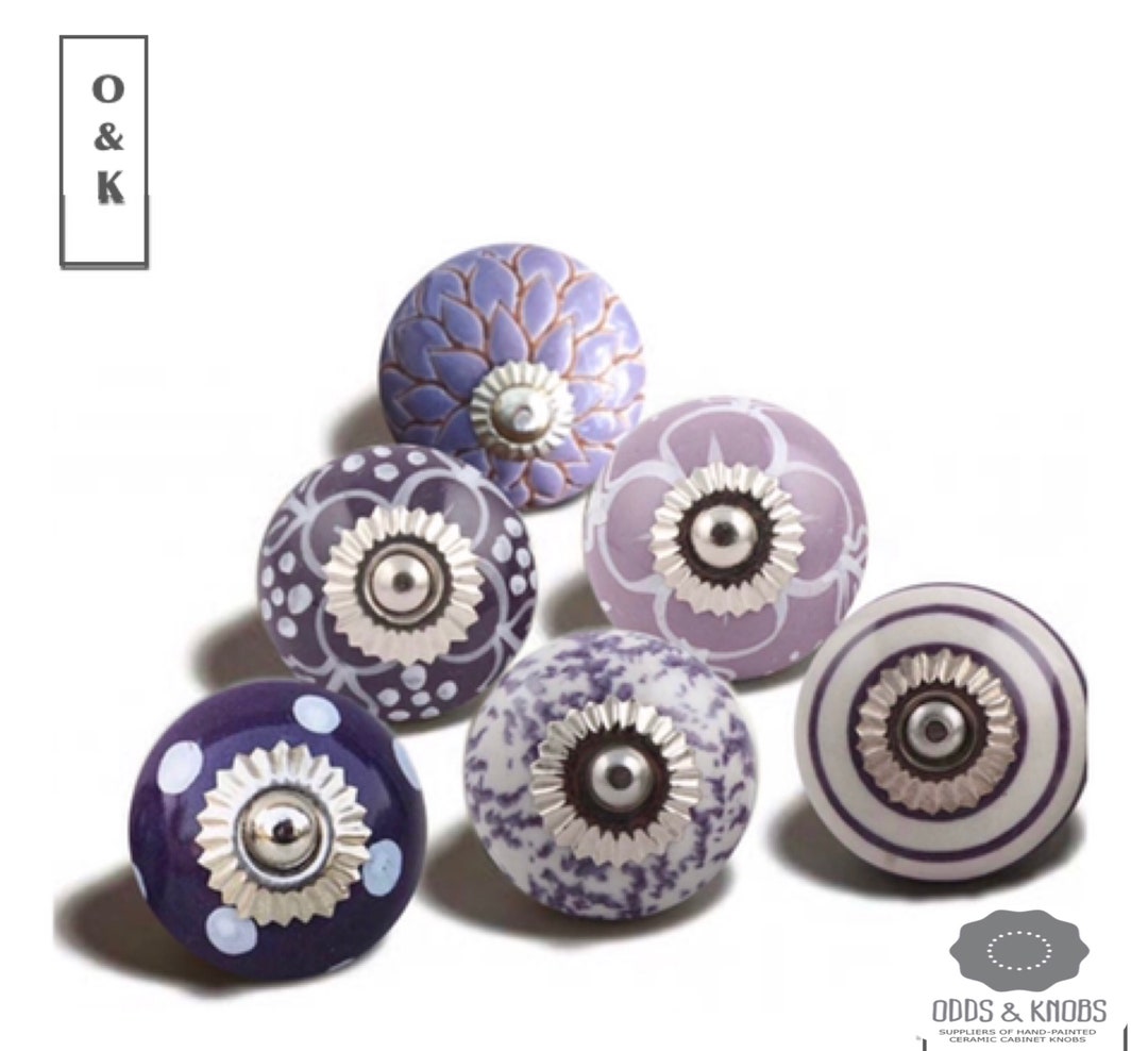 Purple Drawer Knobs Purple and White Ceramic Knob Purple Lilac Hand ...