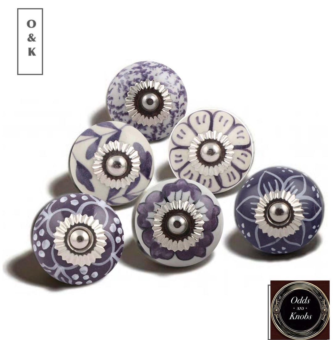 Purple Drawer Knobs Purple and White Ceramic Knob Purple Lilac Hand ...