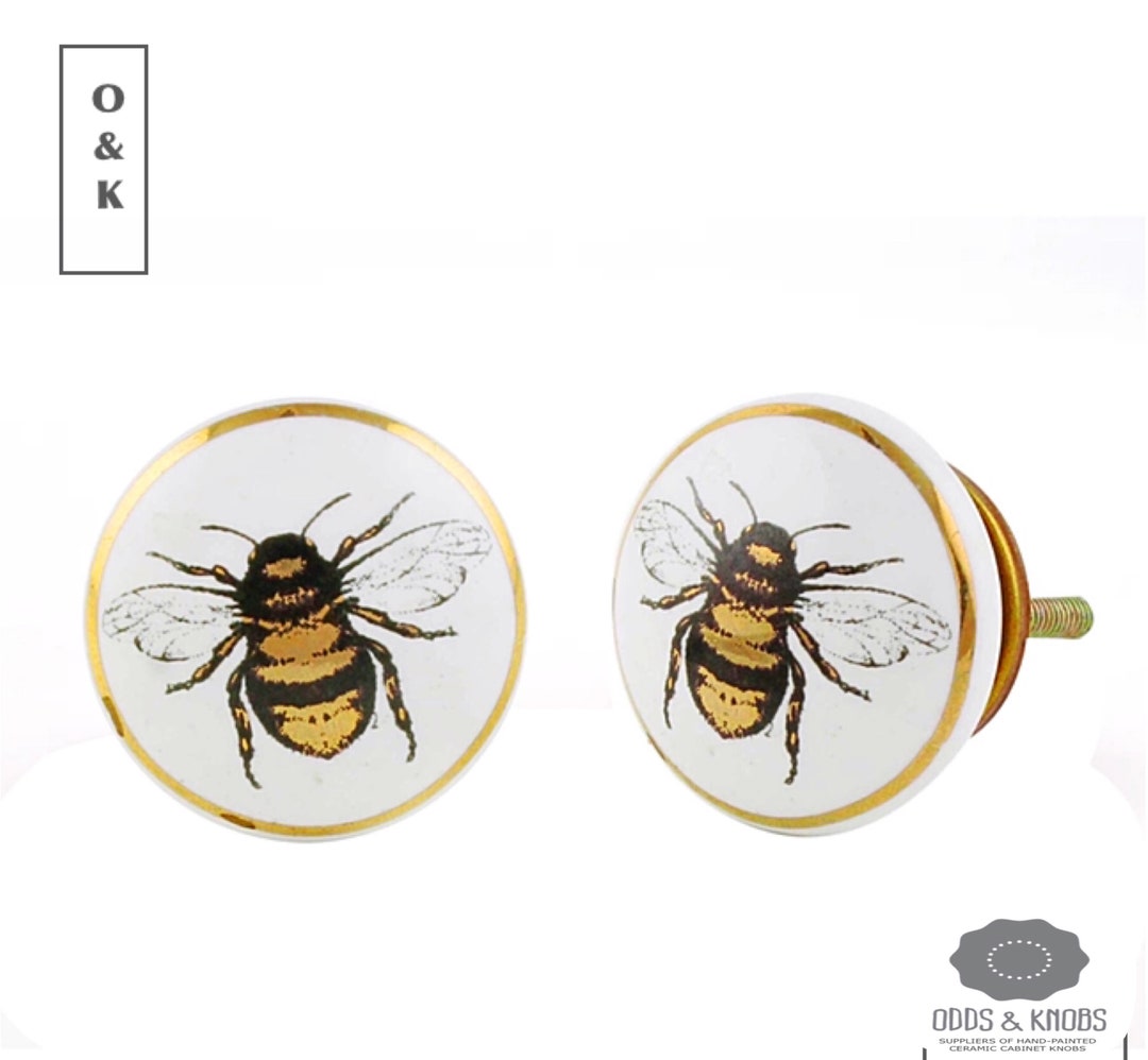 Black and White Golden Bee Drawer Knob Vintage Ceramic Knob Cabinet ...