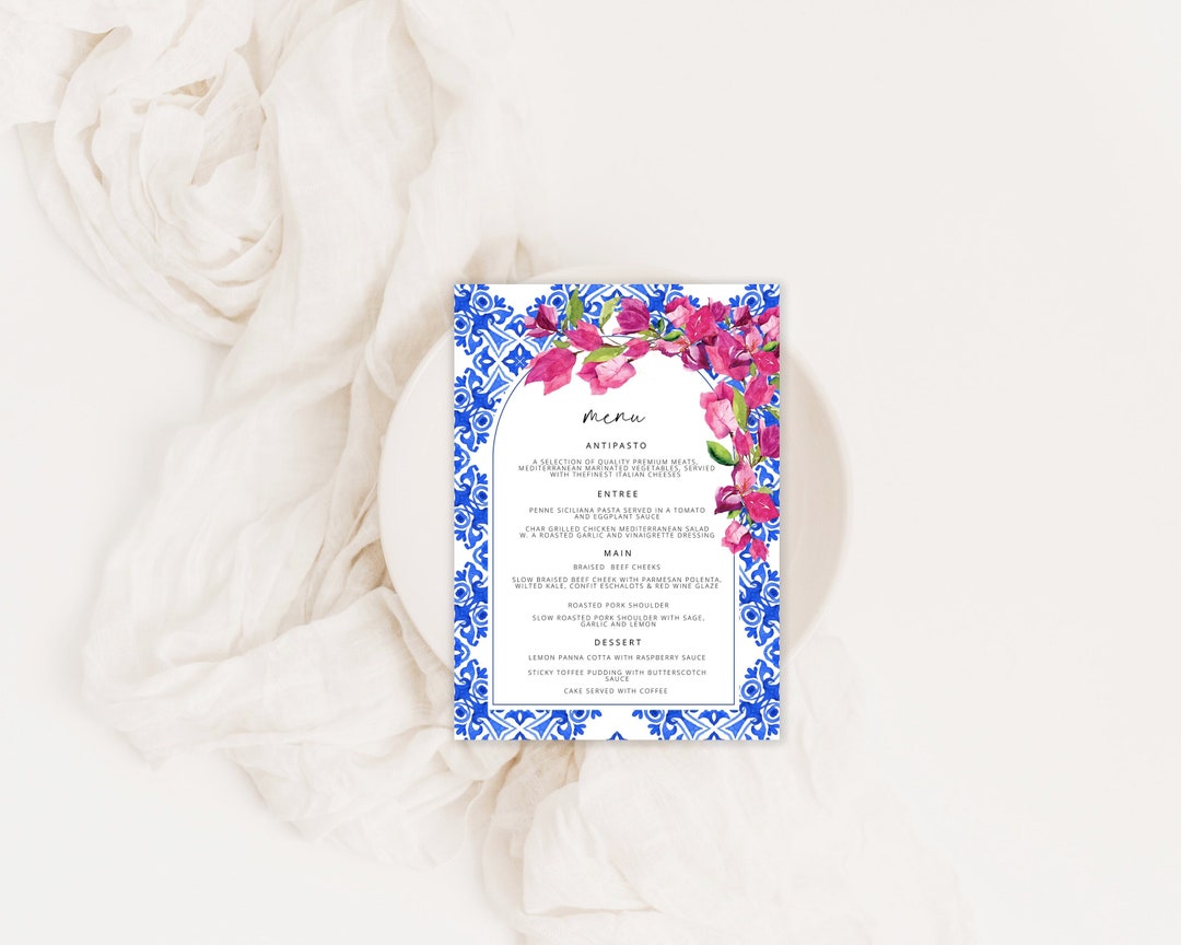 Blue Tiles Greece Menu Bougainvillea Digital Invitation, Santorini ...