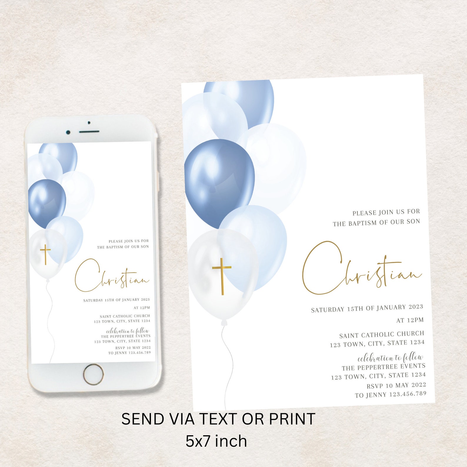 Boy Baptism Invitation, Balloon Christening Invite , Blue Watercolor ...