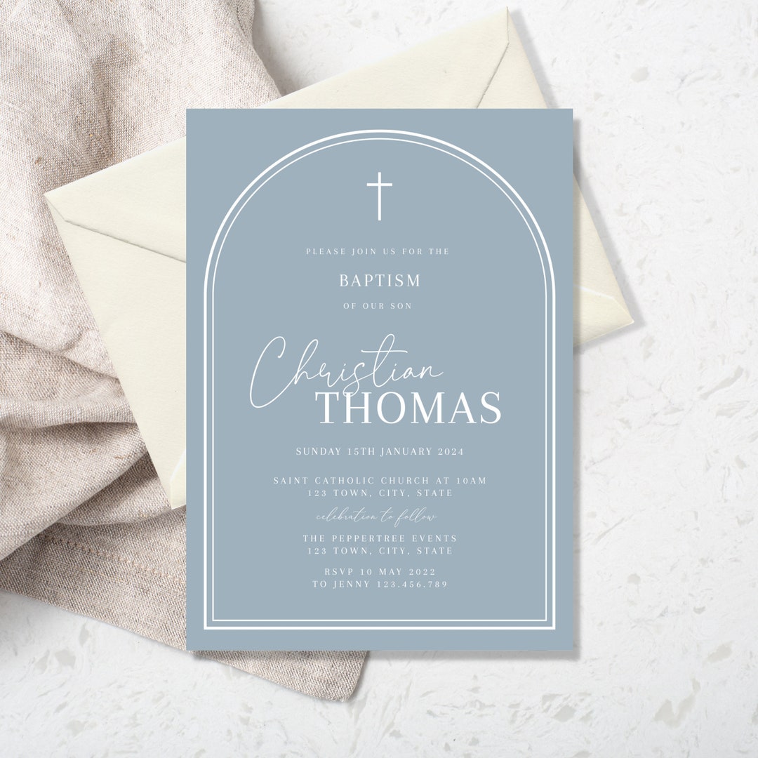 Blue Baptism Invitation, Christening Invite , Dusty Blue Invite, Modern ...