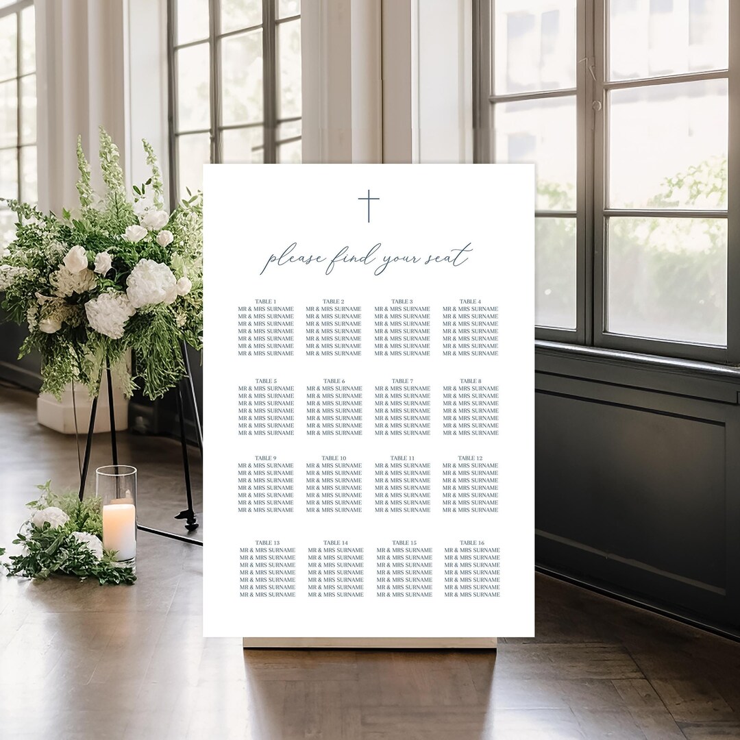 Dusty Blue Baptism Seating Plan Template, Printable Modern Christening ...