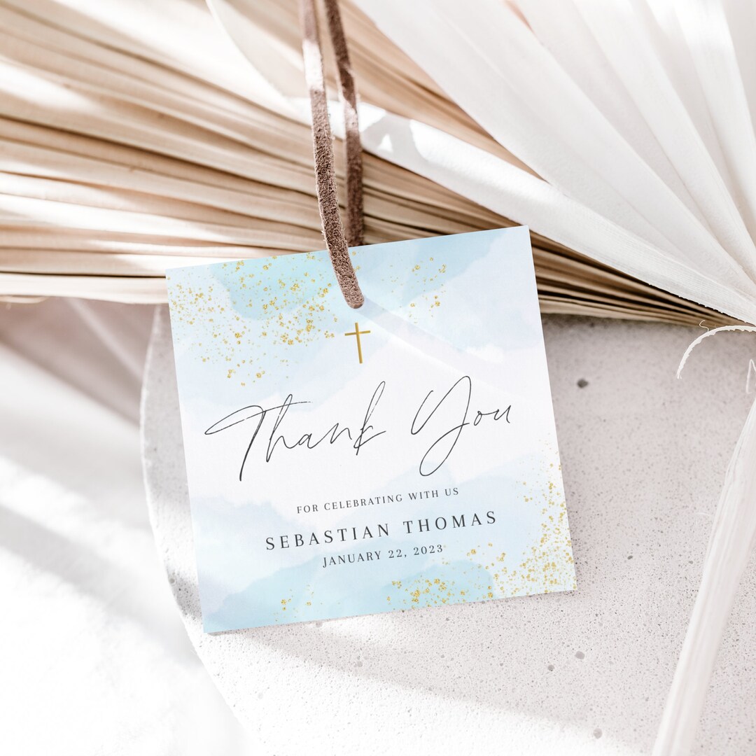 Light Blue Baptism Tag Template, Modern Thank You Tag, Gold, Thank You ...