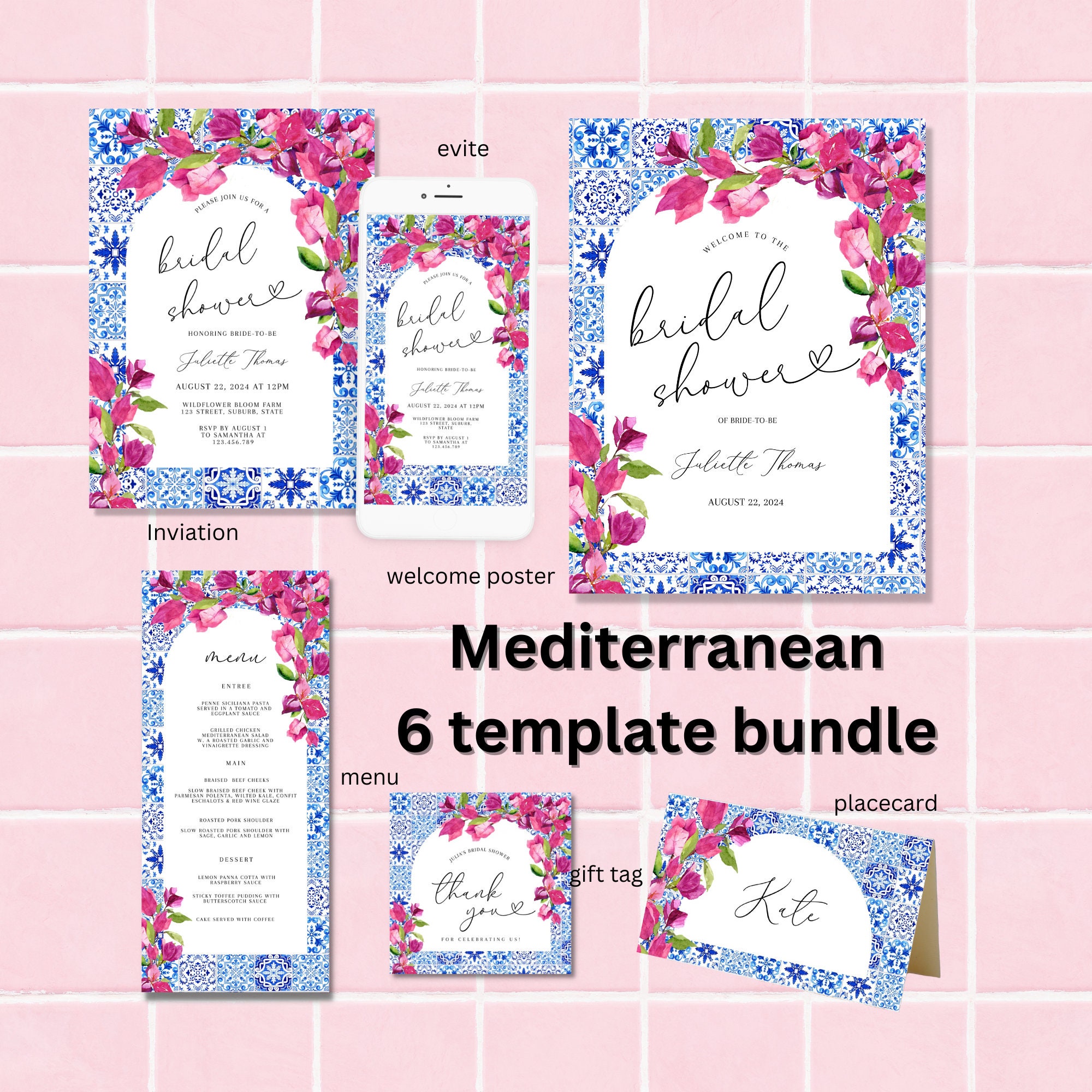 Mediterranean Bridal Shower Invitation Template Bundle, Italian Blue ...