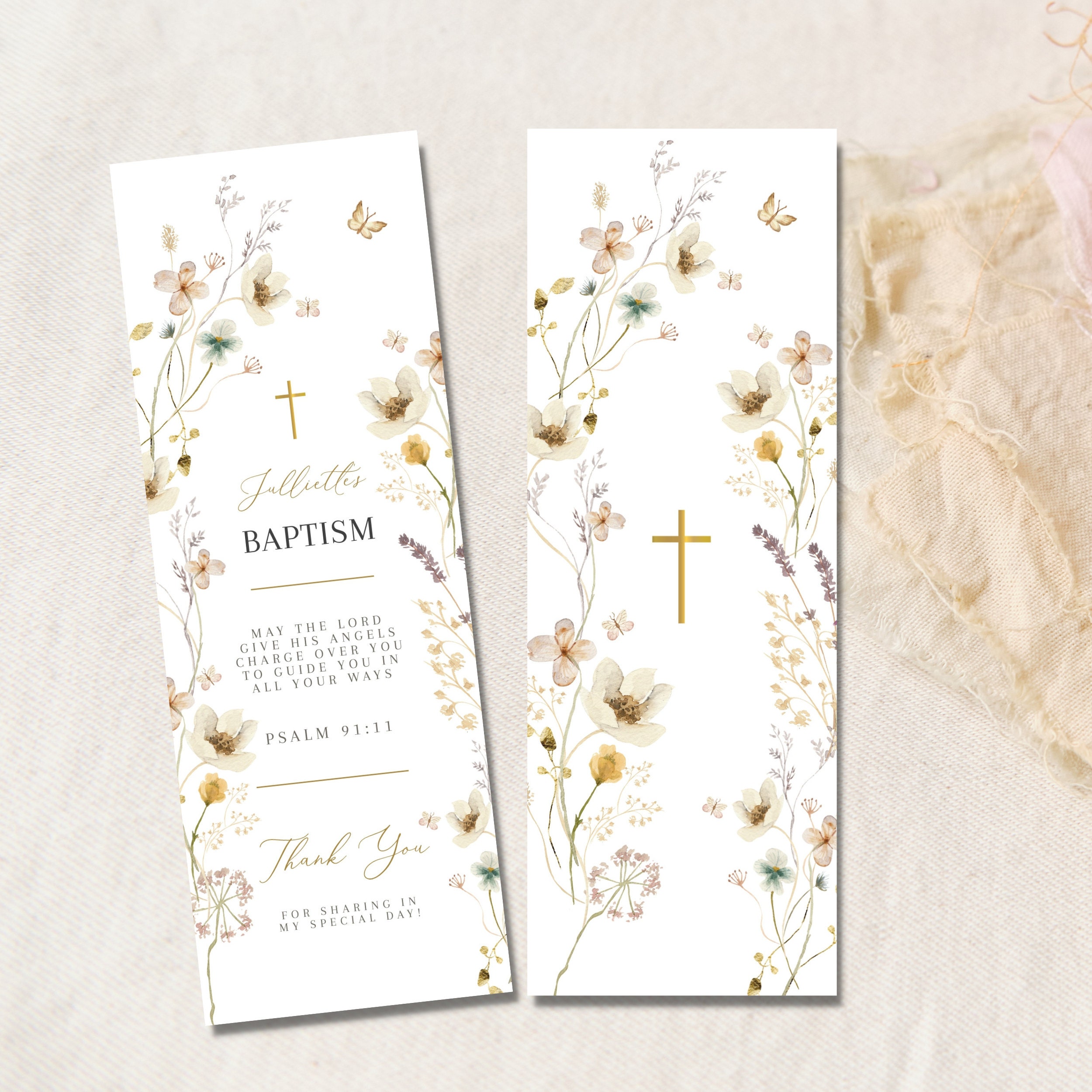 Baptism Bookmark Template, Personalized Baptism Bookmark, Wildflower ...