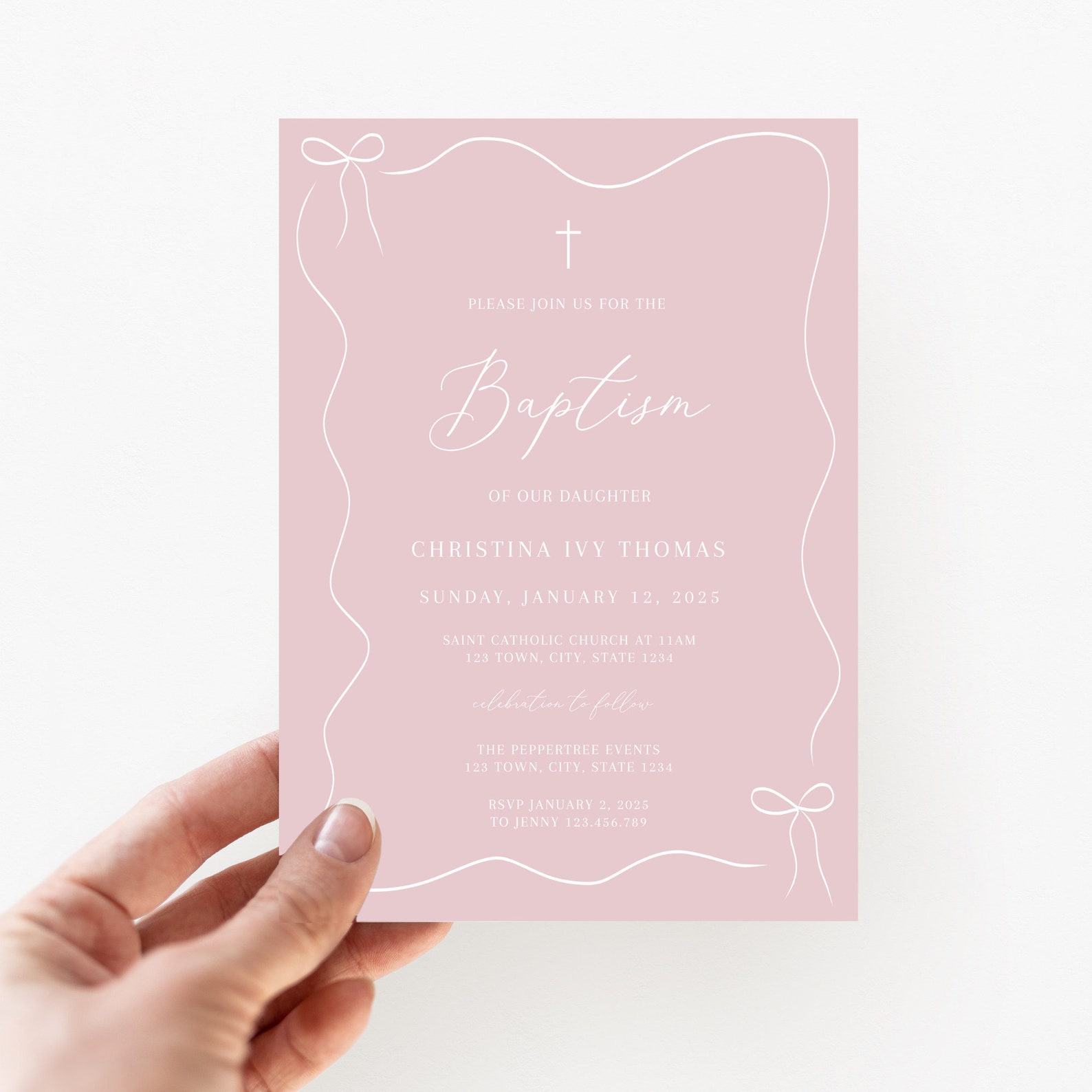 Pink Baptism Invitation Girl, Christening Invitation, Wave Bow Baptism ...