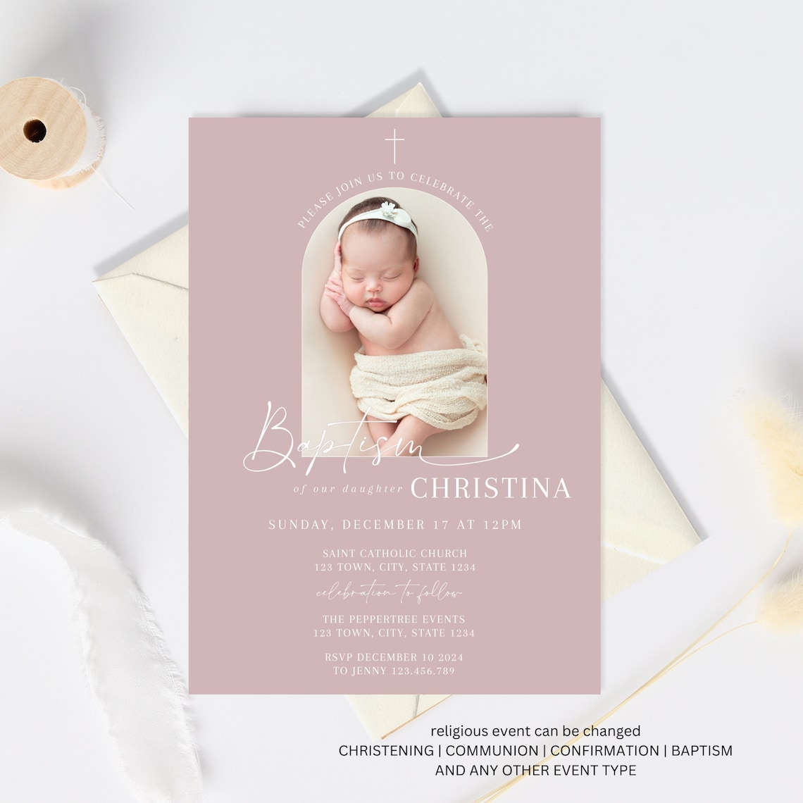 Baptism Invitation Girl With Photo, Christening Invitations Girl, Pink ...