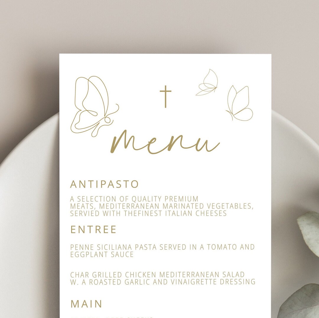 Gold Butterfly Menu Template Add Guest Names, Modern Wedding Place Card ...