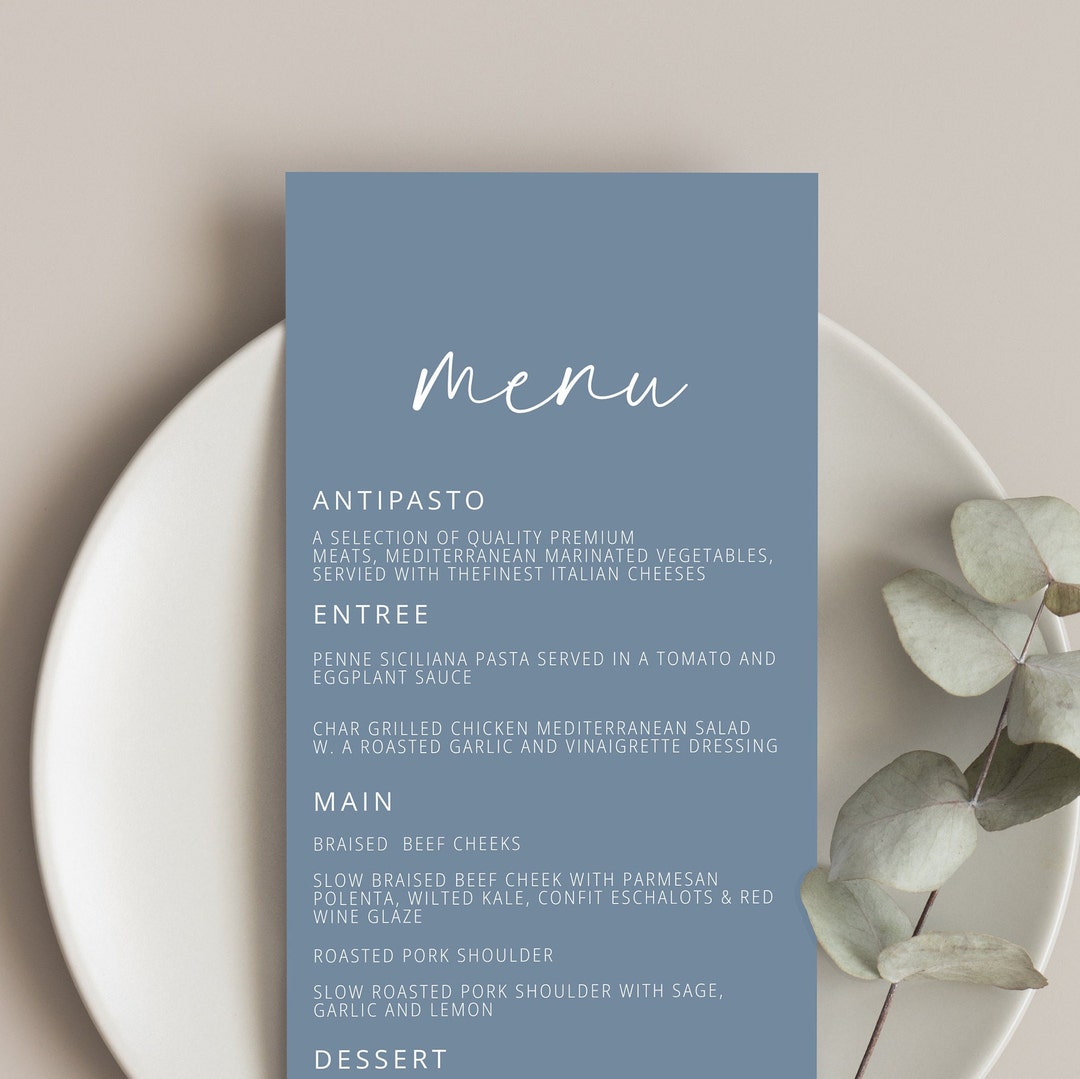 Dusty Blue Menu Template, Blue Menu, Modern Menu Printable Wedding ...