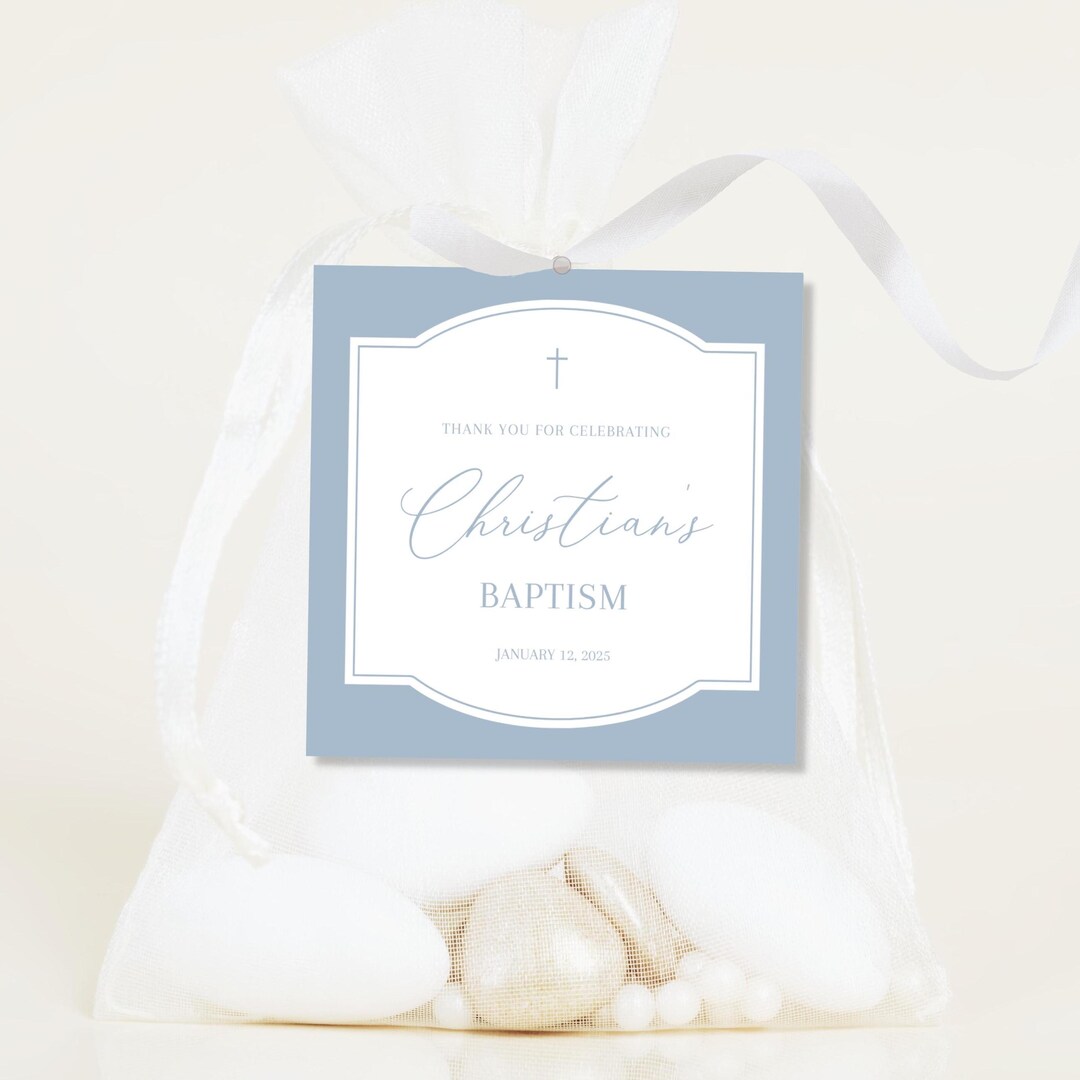 Dusty Blue Baptism Favor Tag Template, Printable Christening Gift Tags ...