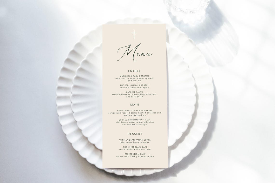 Green Baptism Menu for Boy, Cream and Green Menu Template, Moss Green ...