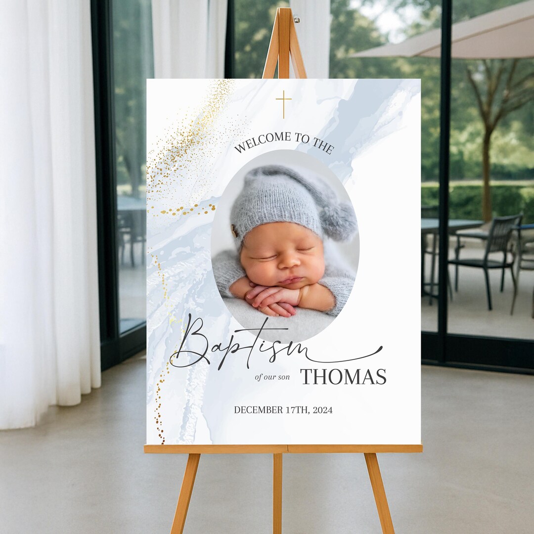 Dusty Blue Baptism Welcome Sign With Photo, Dusty Blue Christening ...