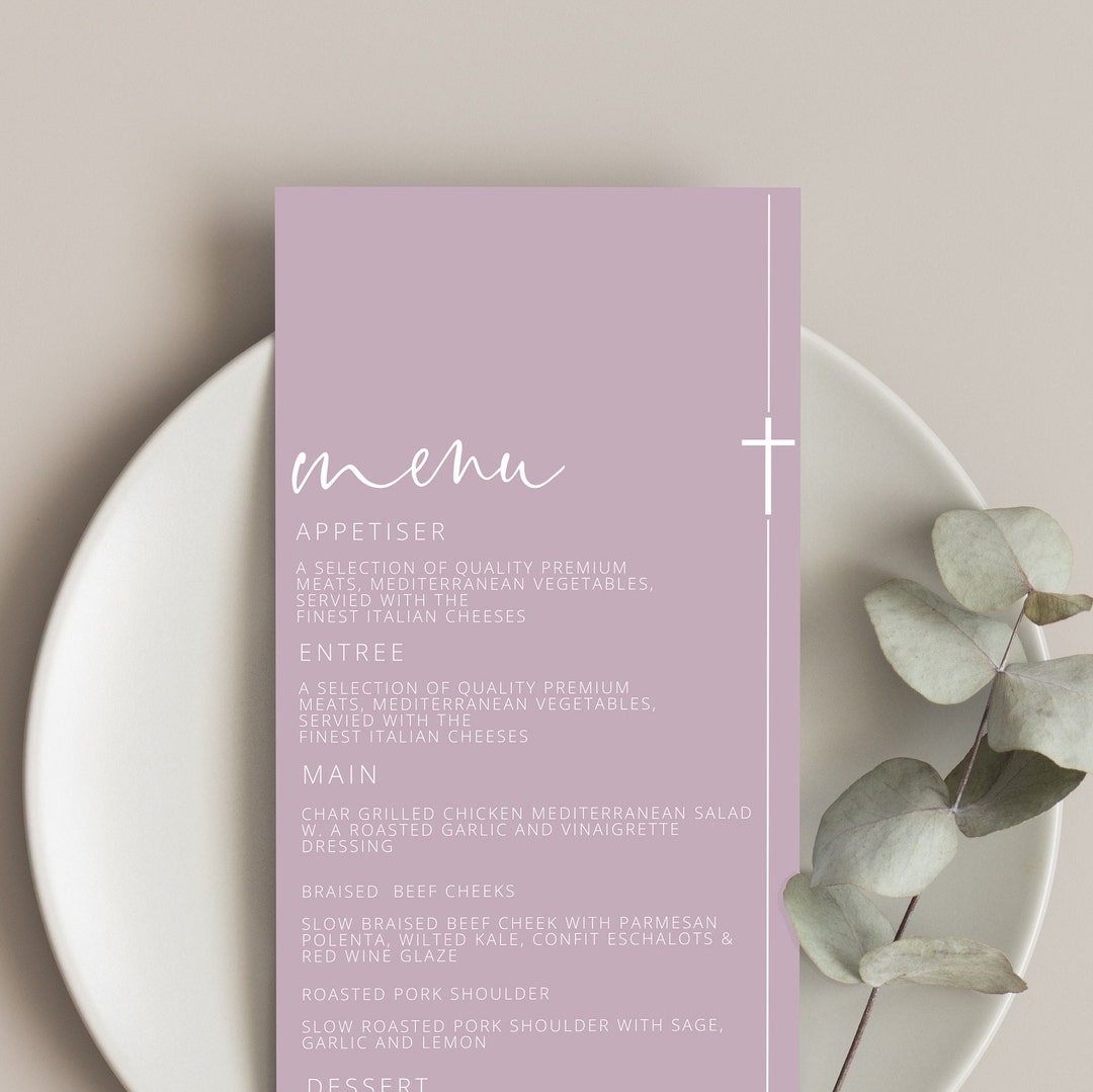Purple Baptism Menu, Dusty Purple Christening Menu, Religious Menu for ...