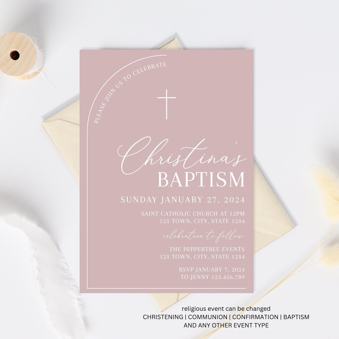 Dusty Pink Baptism Invitation Girl, Christening Invitation, Arch ...