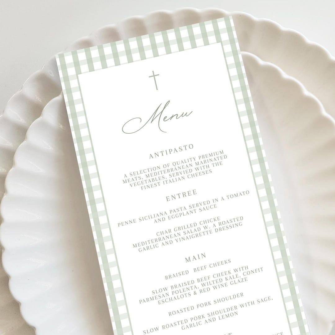 Green Gingham Baptism Menu Template Add Guest Names, Modern Baptism ...